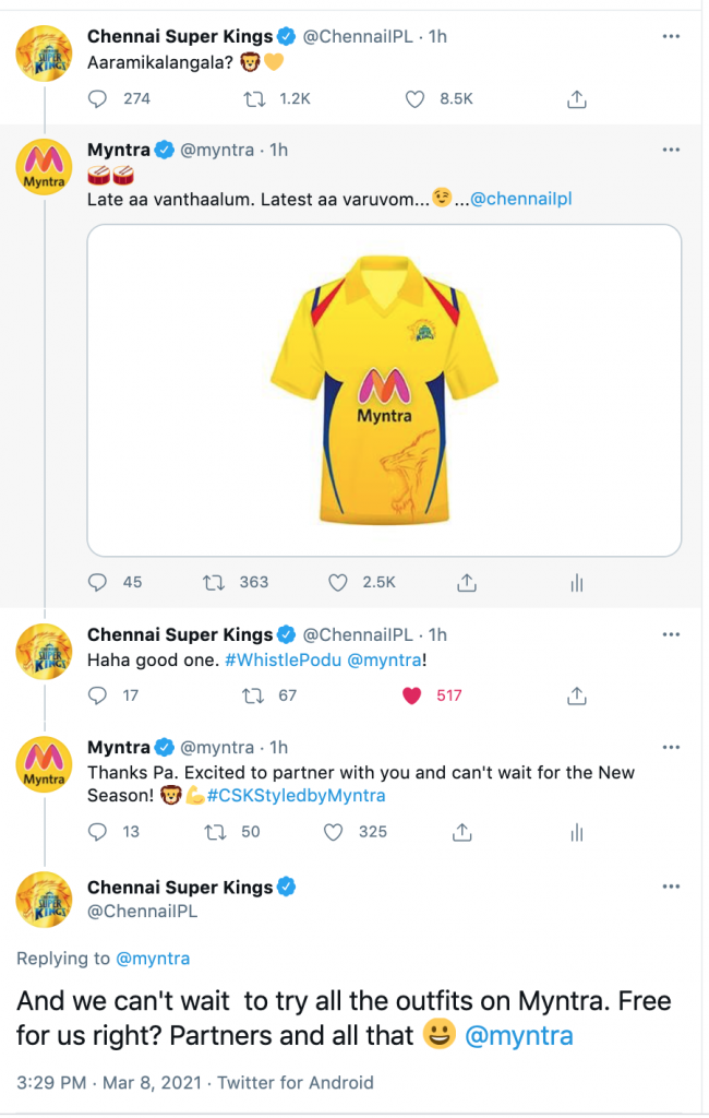 Myntra and CSK announced their collaboration through a fun Twitter banter